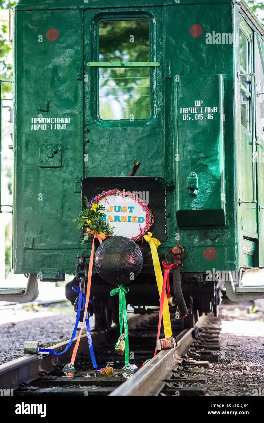 Train decorated flowers just married Stock Photo - Alamy