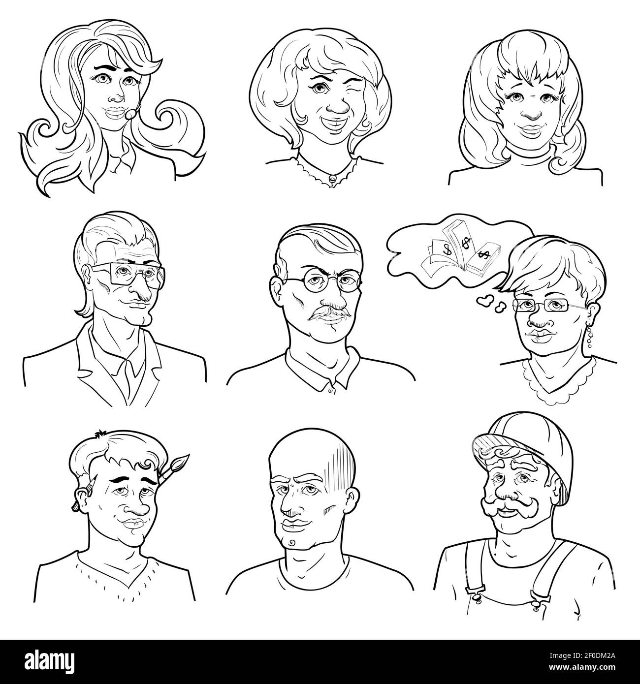 Hand drawn avatars set with four women five men including painter and ...