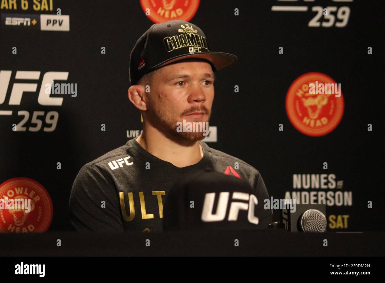 Las Vegas, Nevada, USA. 6th March, 2021. Petr Yan interacts with media ...