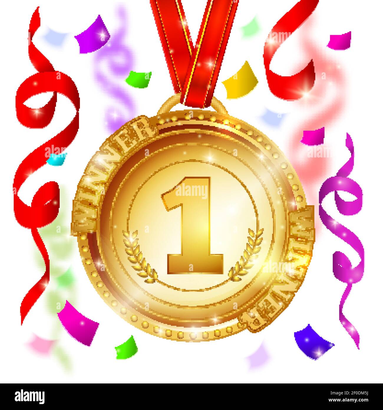 Medal of winner design with gold award on red ribbon and streamers on ...
