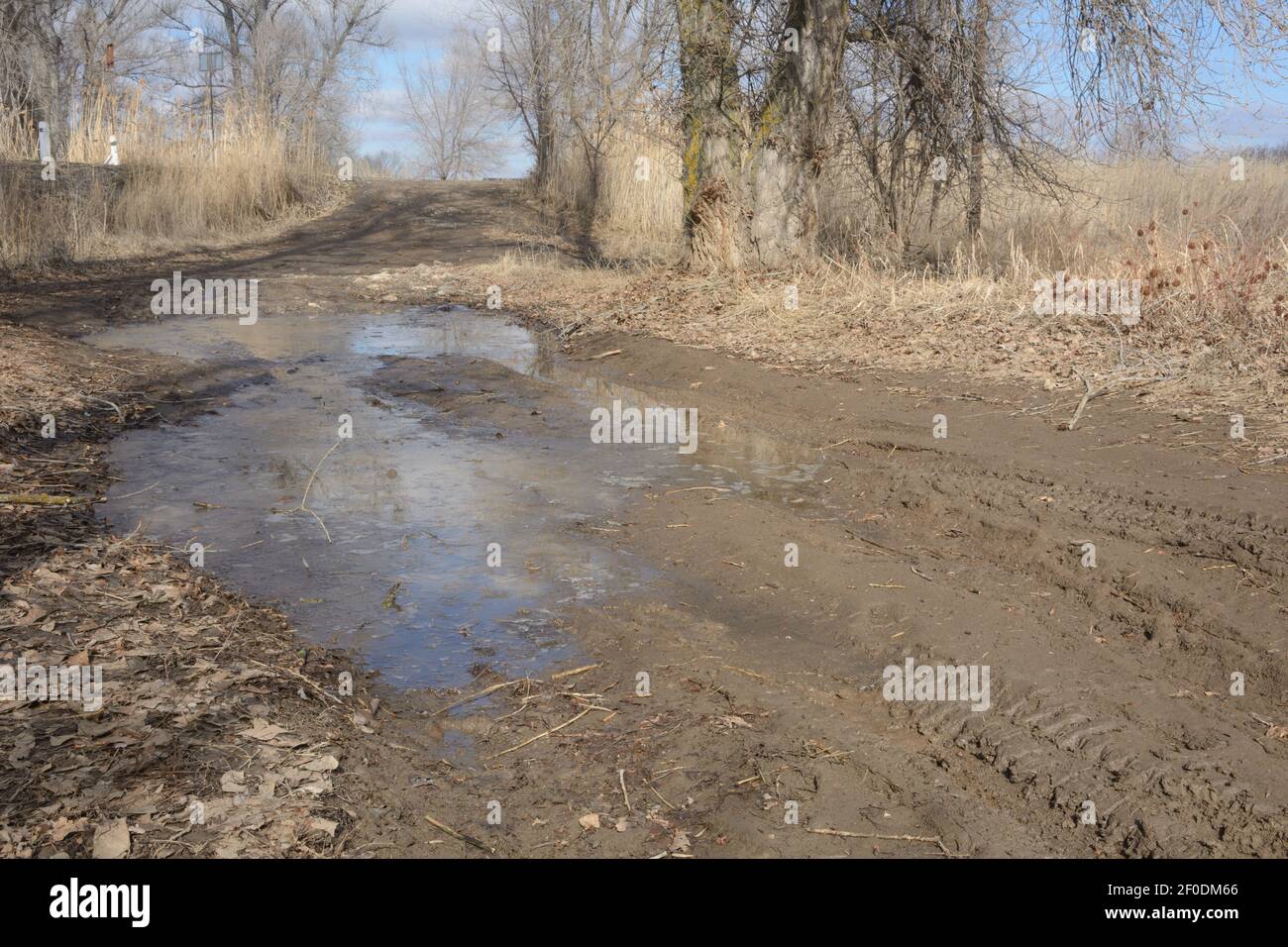 Large puddle on dirt road in early spring. Obstacle for car. Transport ...
