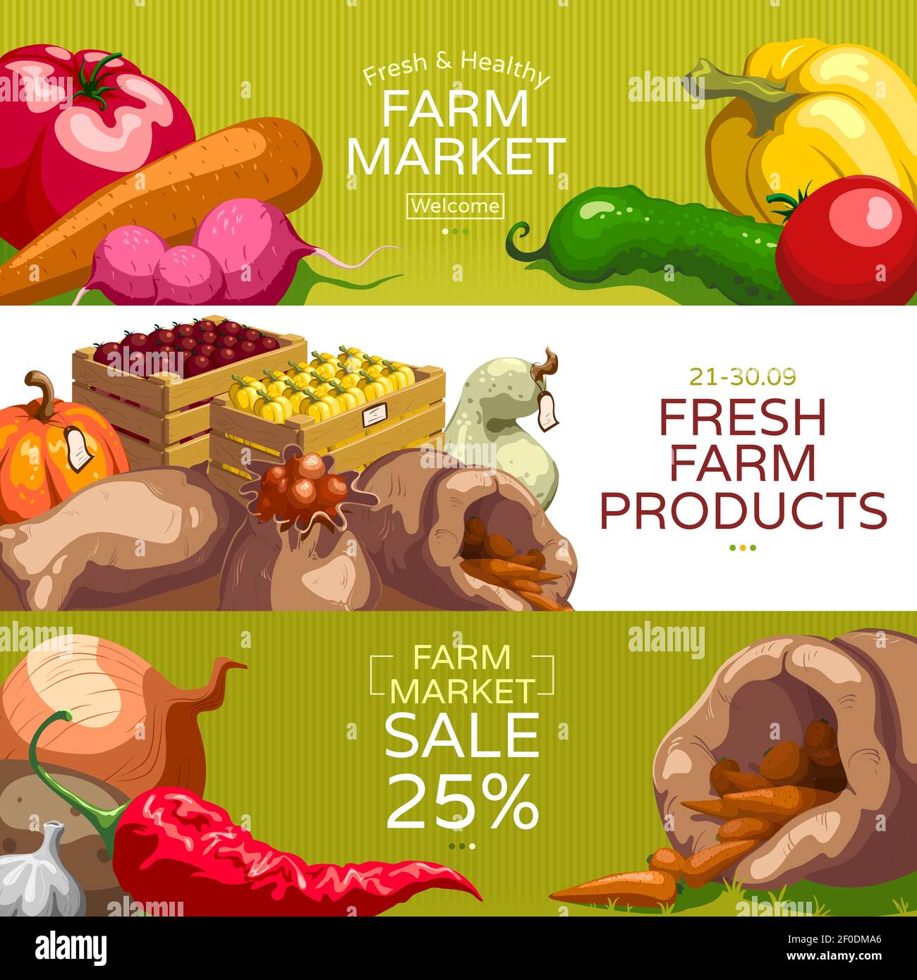 Farmers market horizontal banners set with healthy vegetables season ...