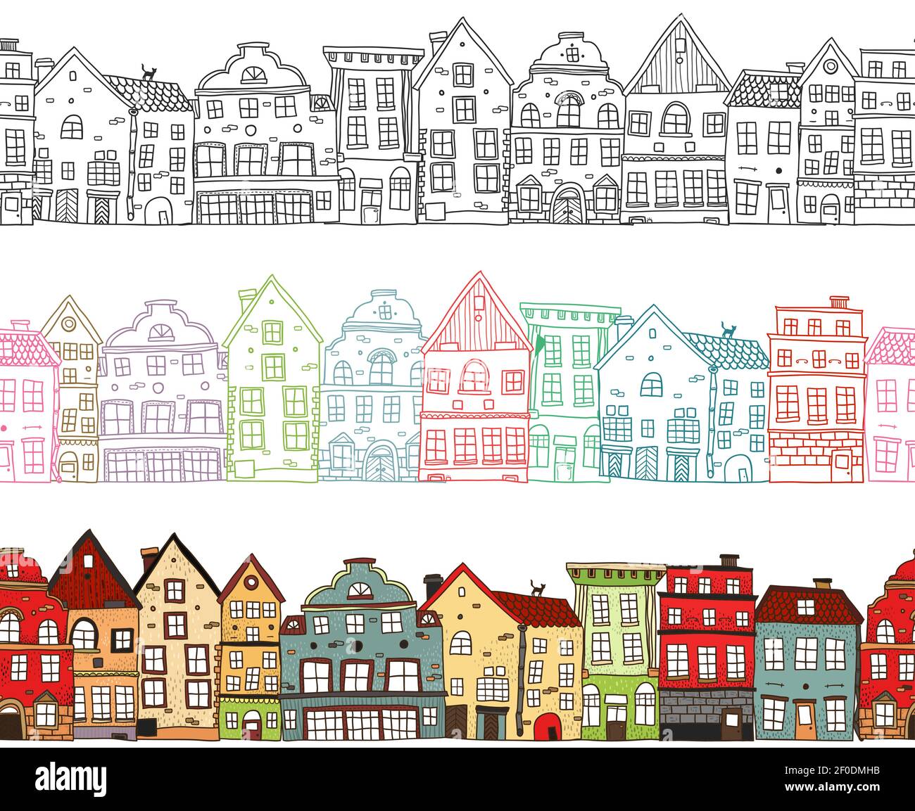 Houses seamless compositions with monochrome town buildings with ...