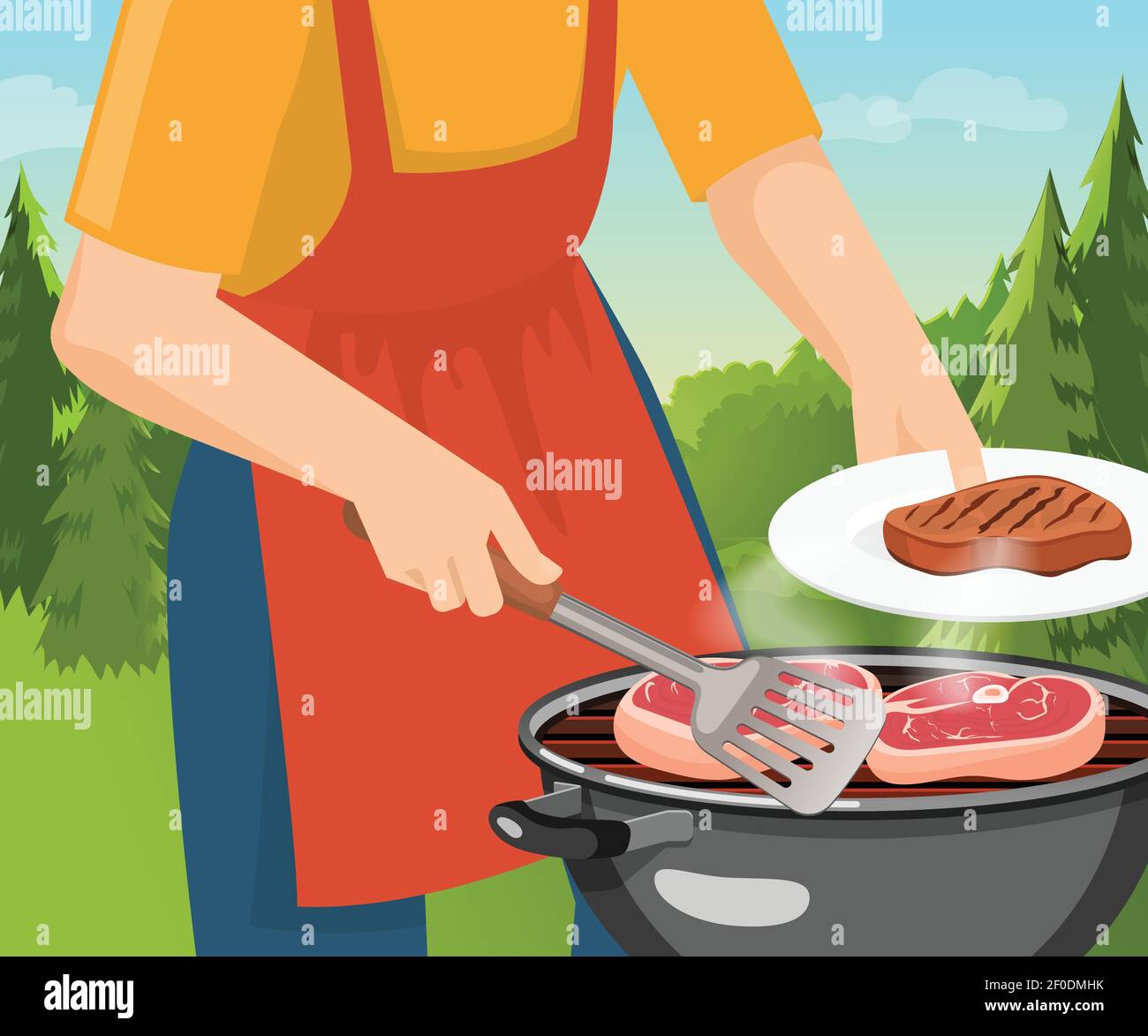 Bbq outdoor conceptual background with forest landscape barbecue grill ...
