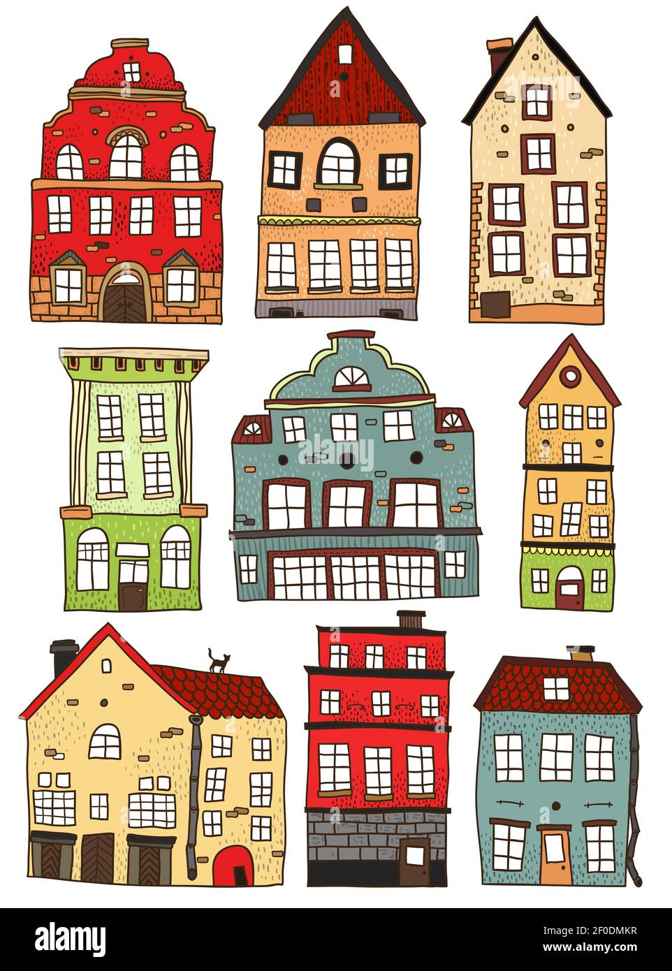 Set of hand drawn colored buildings with columns arched windows roofs ...