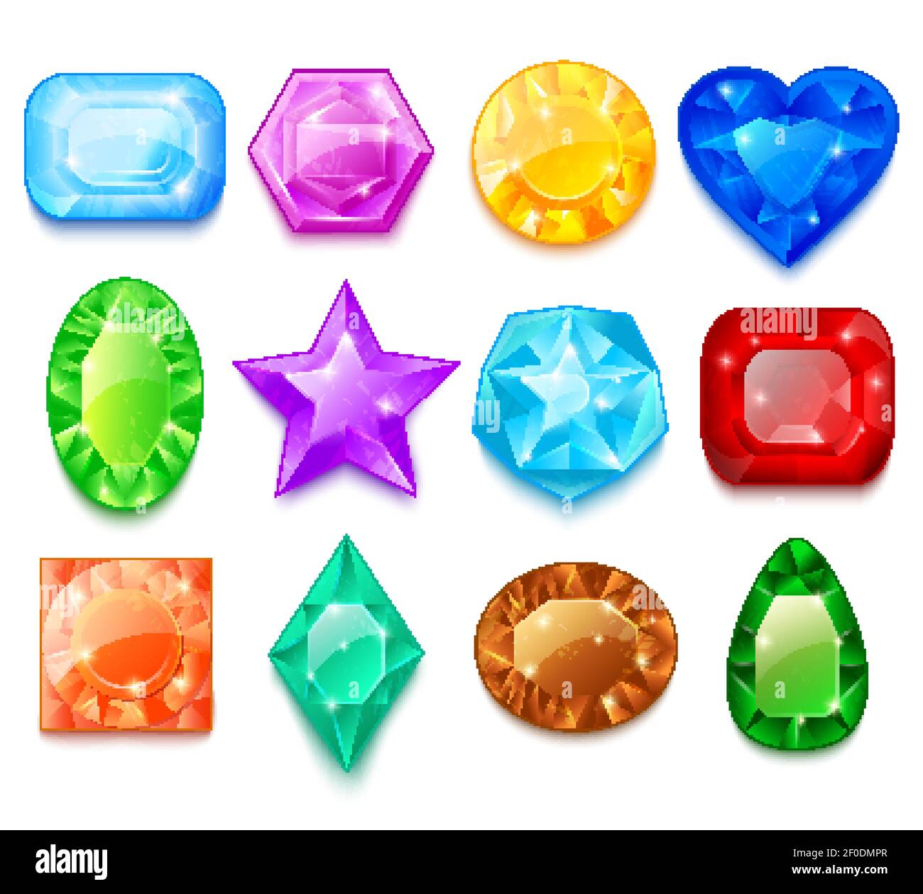 Set of colorful transparent gems of different shape with sparkles of ...