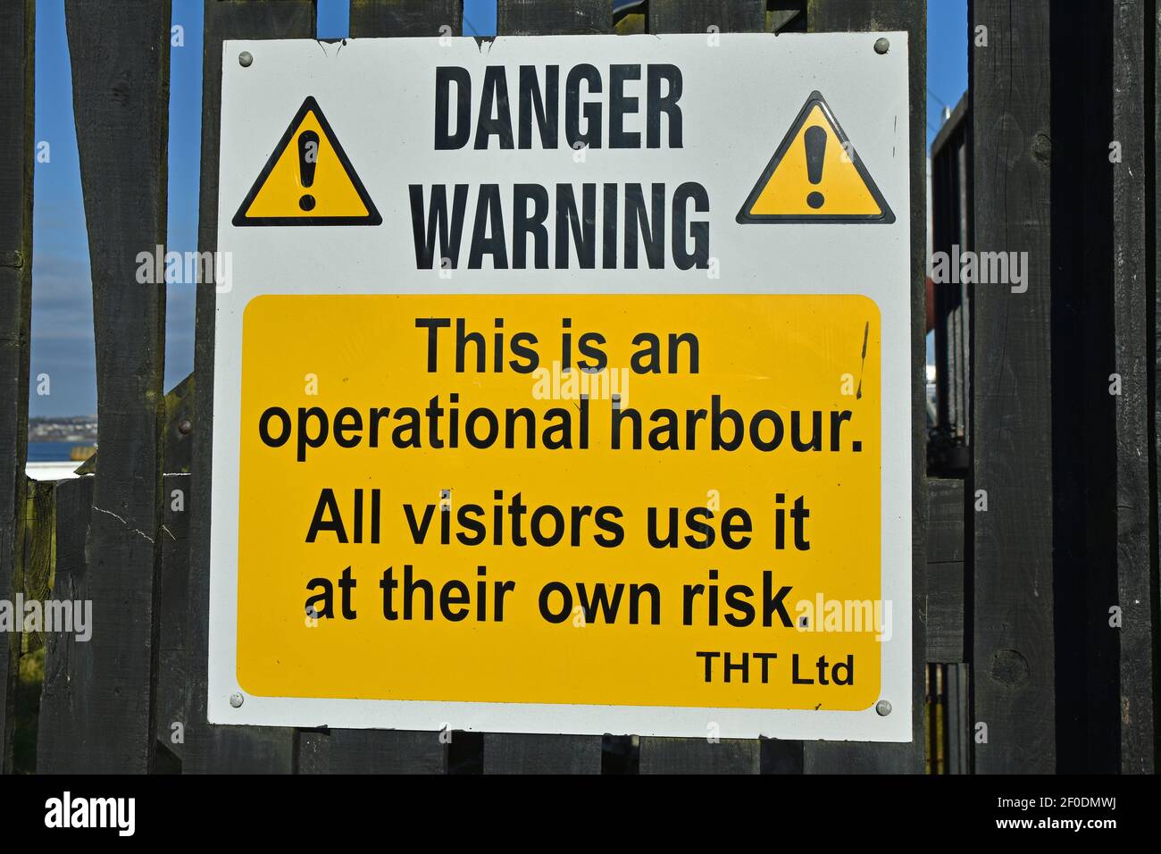 Warning sign for operational harbour at Tayport, Fife, Scotland Stock ...