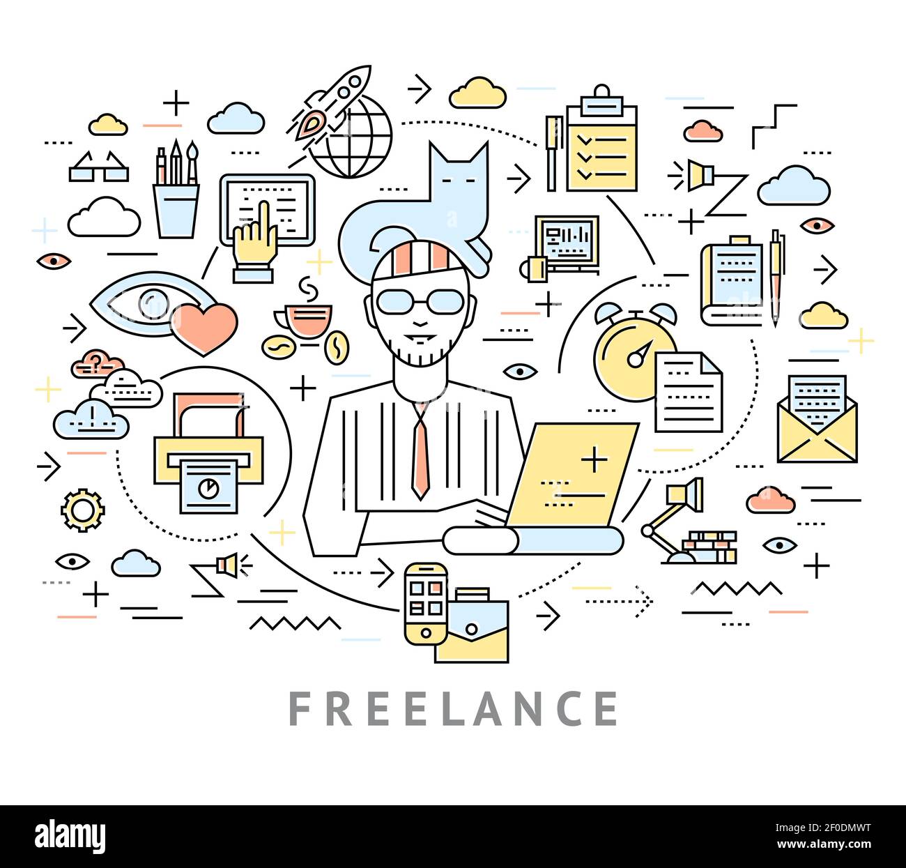 Freelance line background with composition of drawn hipster character ...