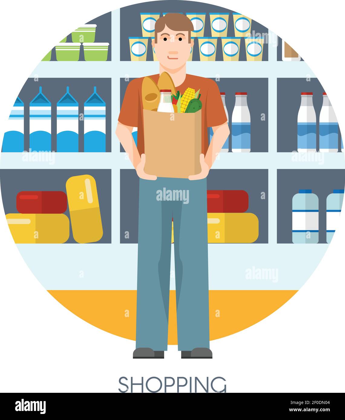 Shopping round design with young man holding paper bag with goods on ...