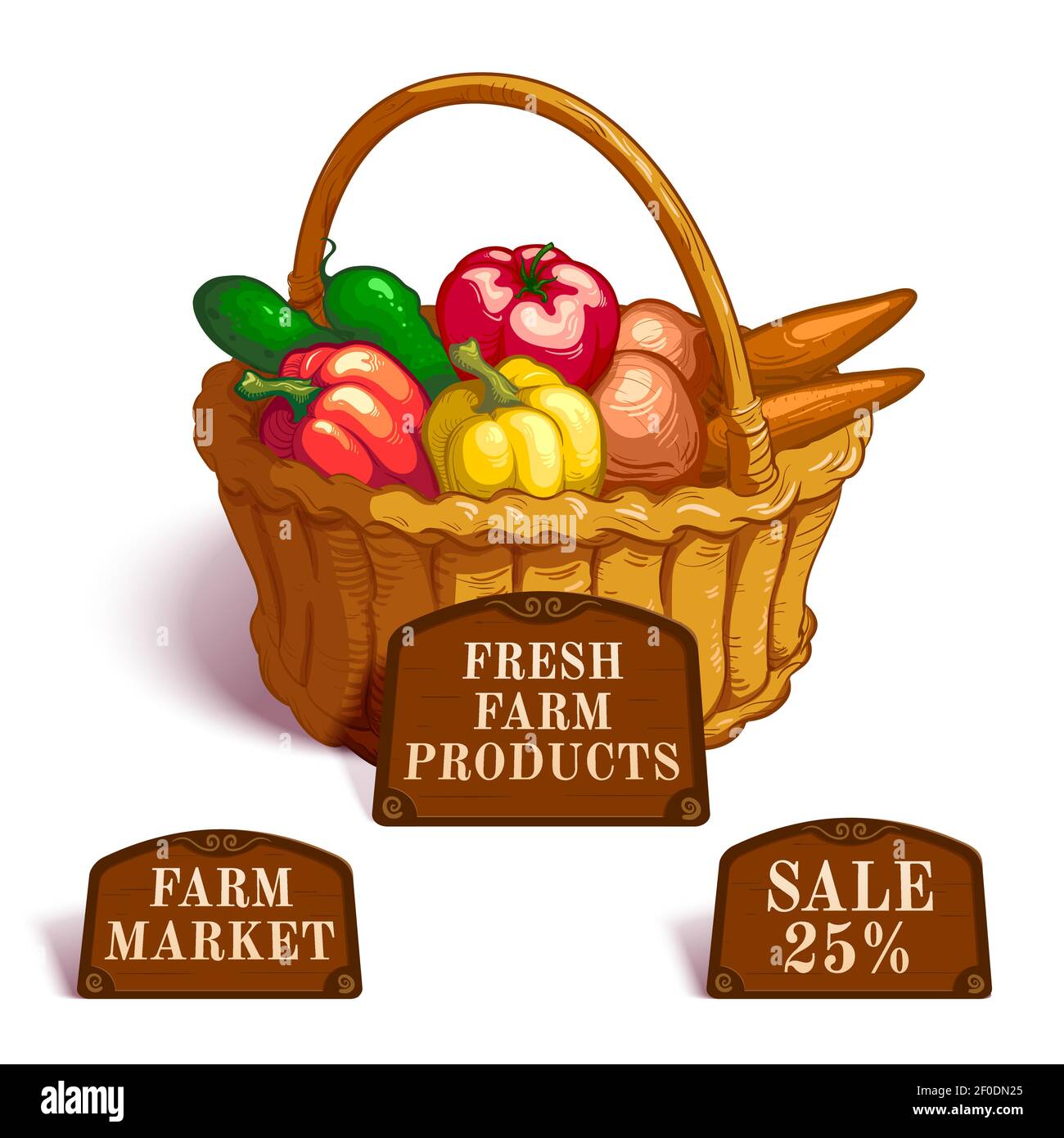 Fresh farm products composition with vegetables in wicker basket and ...