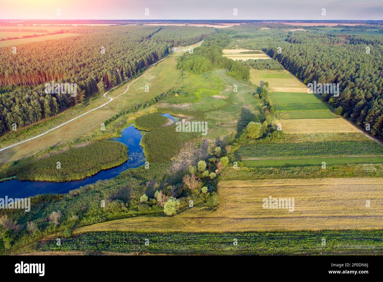 Top view of the rural landscape. View of colorful arable fields in ...
