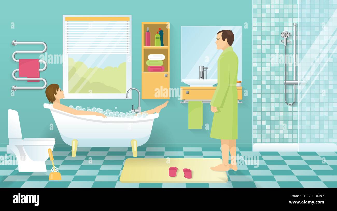 People at bathroom design in blue color with woman in bathtub and man ...