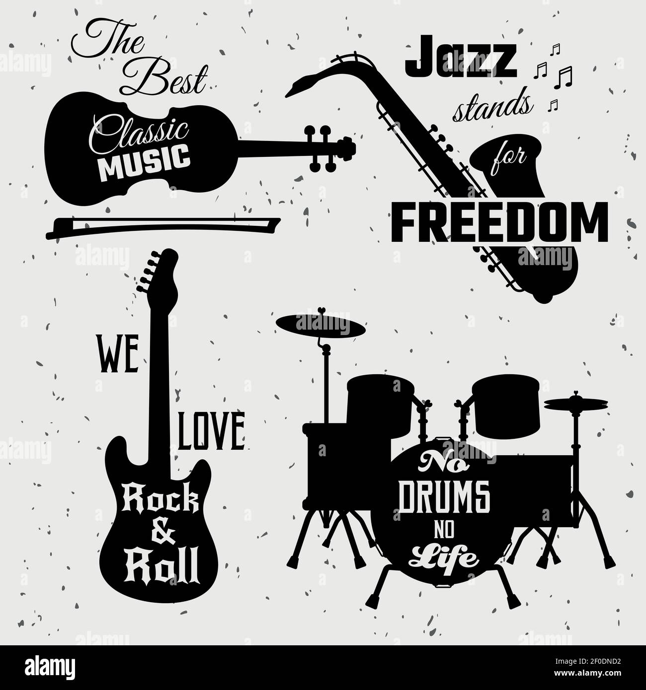 Music quotes monochrome collection with classic and modern instruments ...