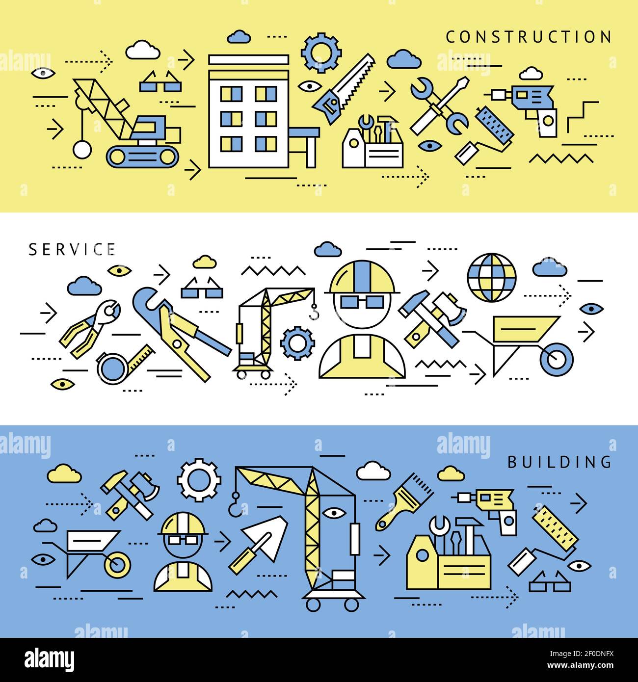 Construction service and building editable horizontal banners set with ...