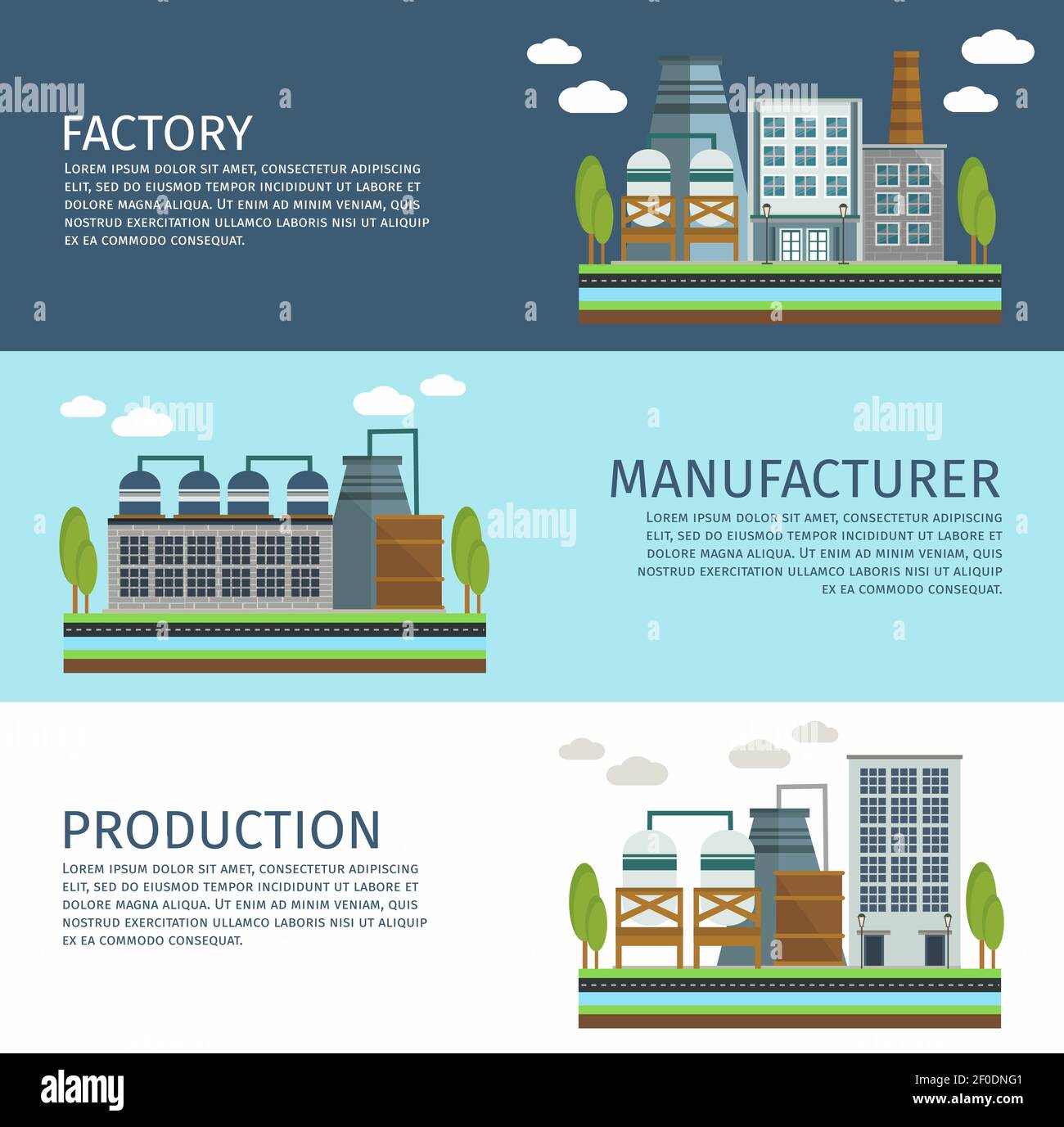 Industrial buildings horizontal banners set with factory manufacturing ...