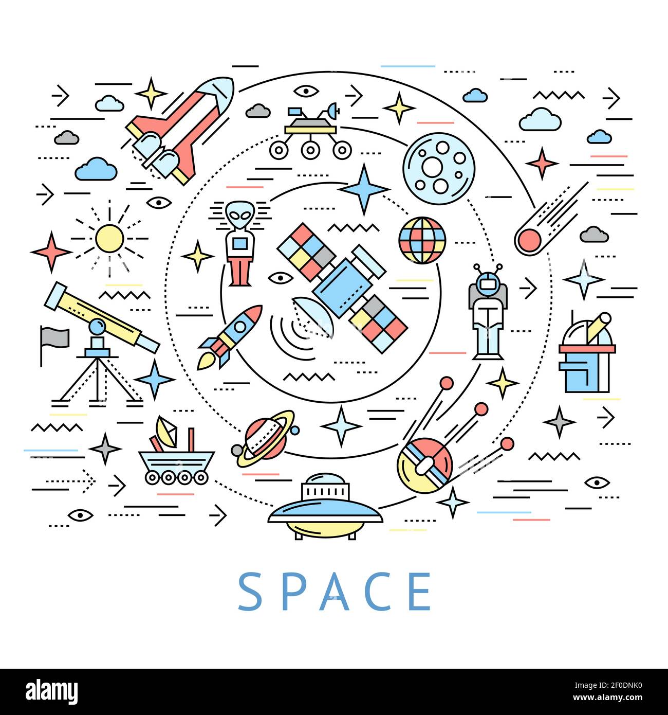 Space line round composition with big circle and cosmic icon set flying ...