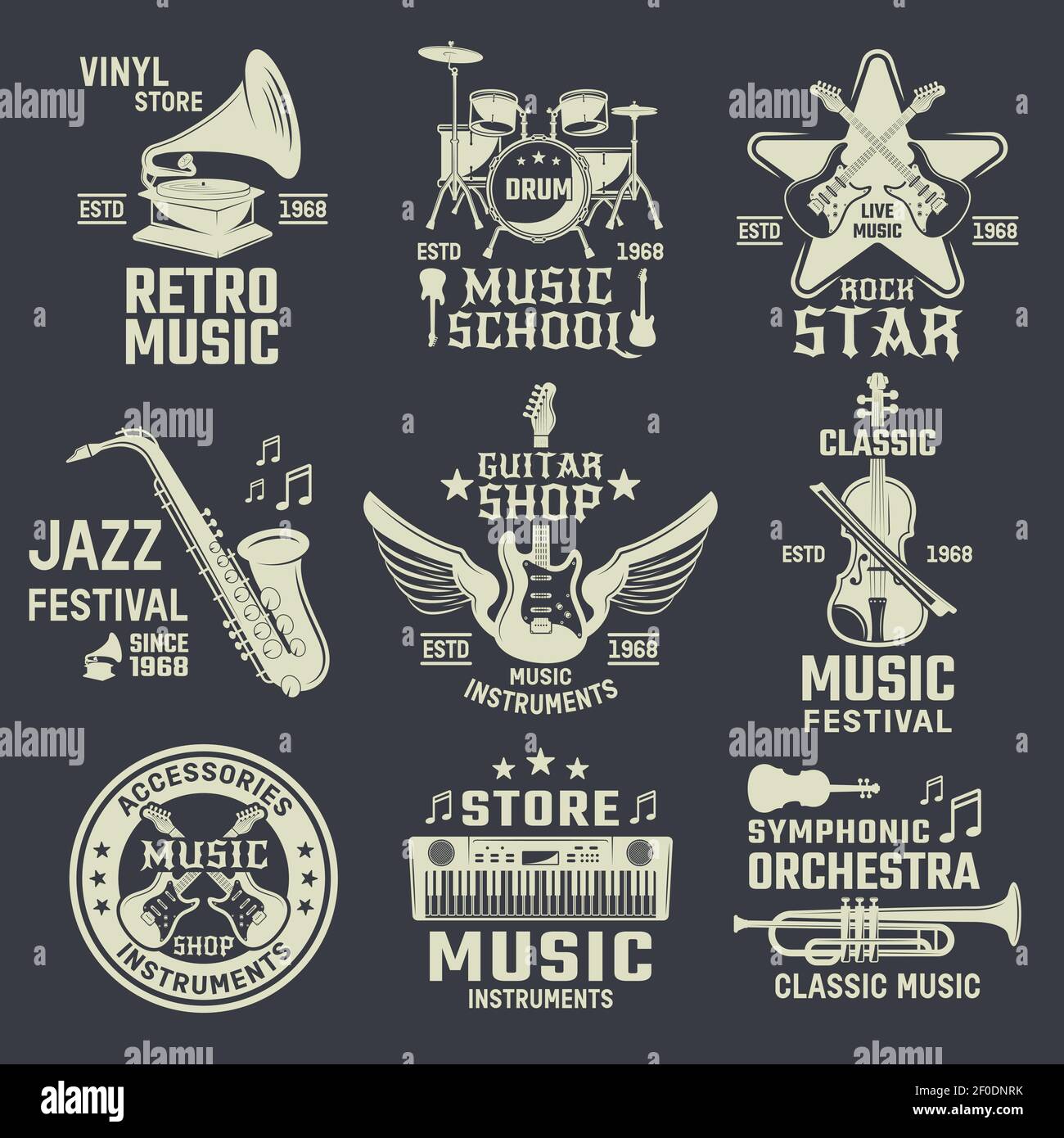 Music school and shops monochrome emblems with wind and string ...