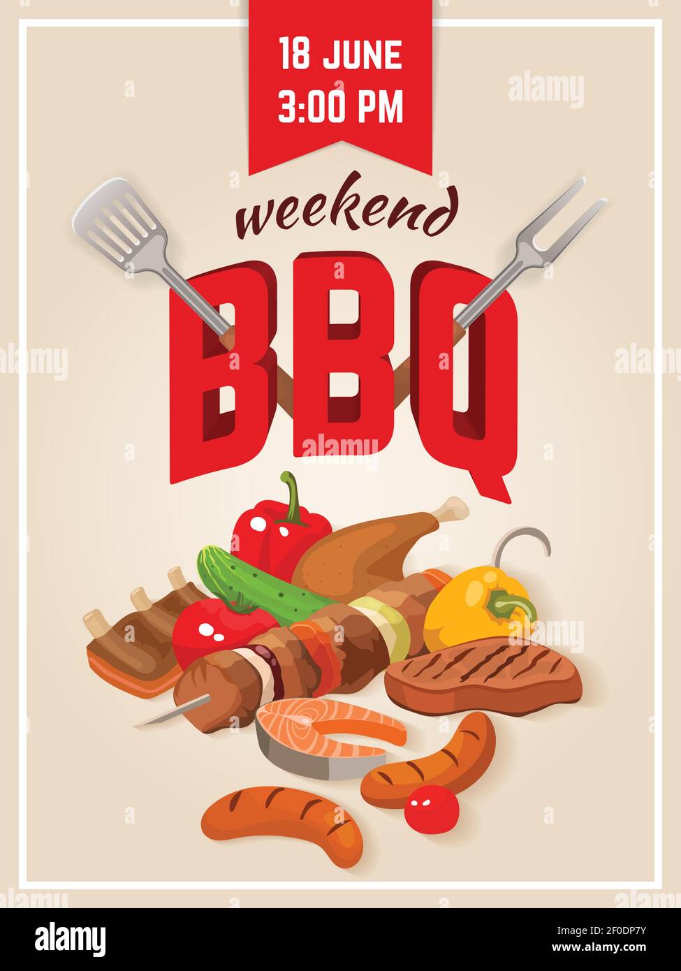 Bbq food poster with drawn food meat fish and vegetables decorative ...