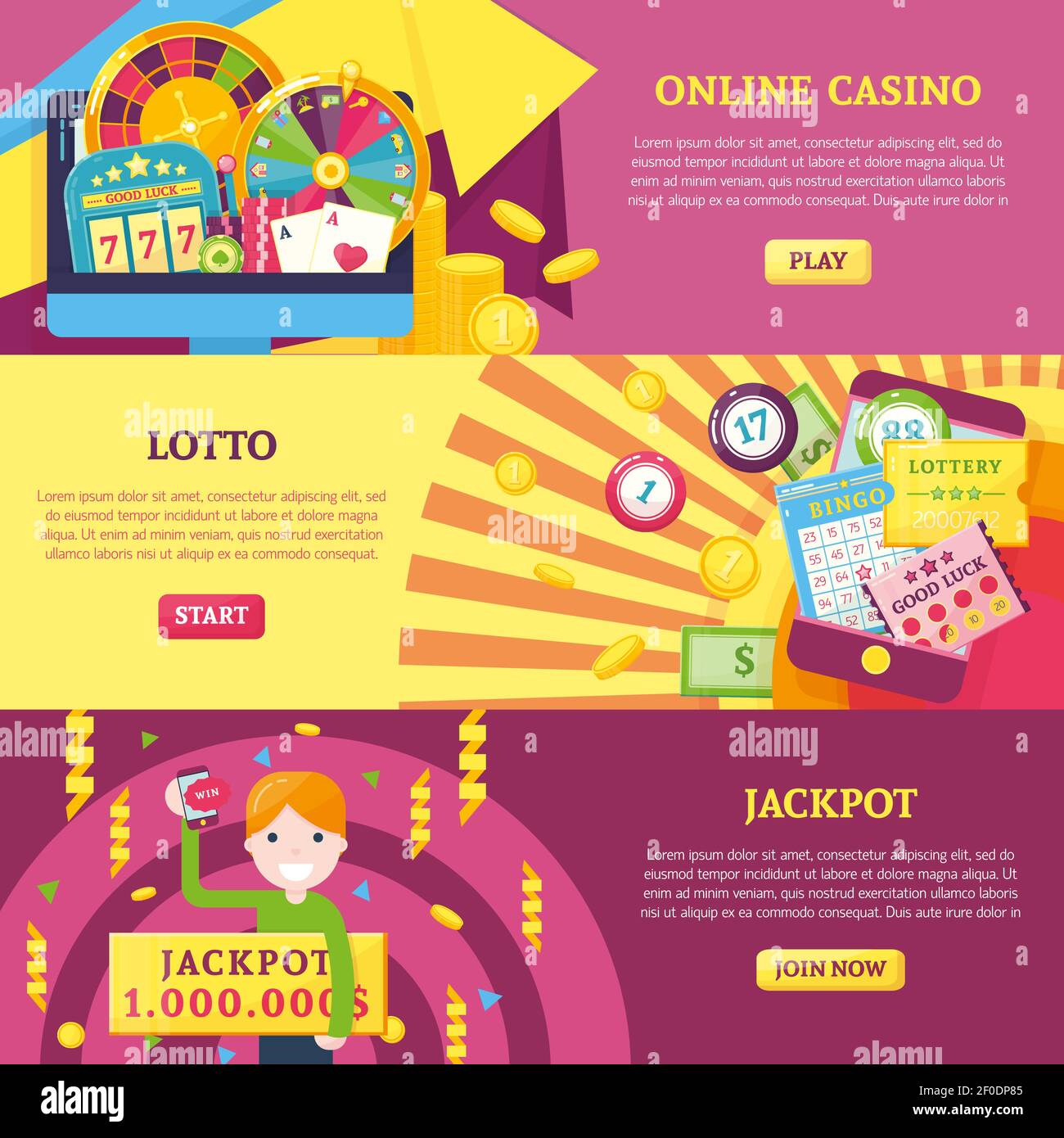Set of three lottery horizontal banners with decorative casino poker ...