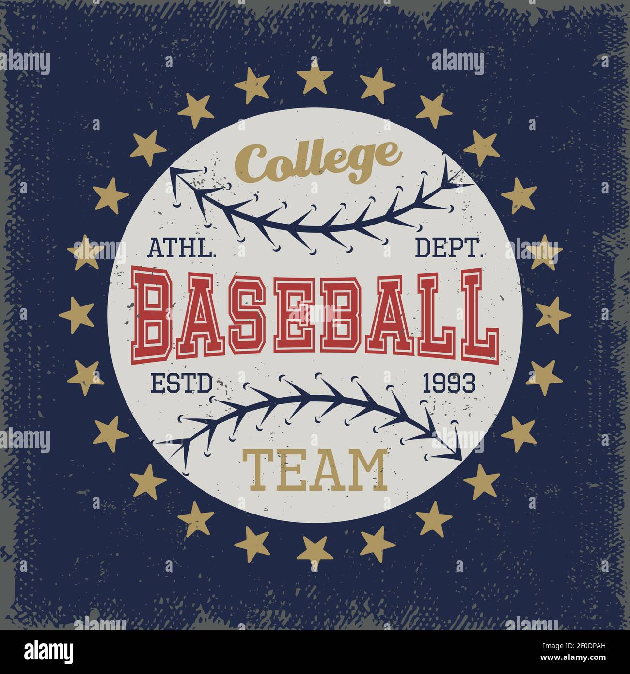 Baseball colored print of college team emblem with letterings at ball ...