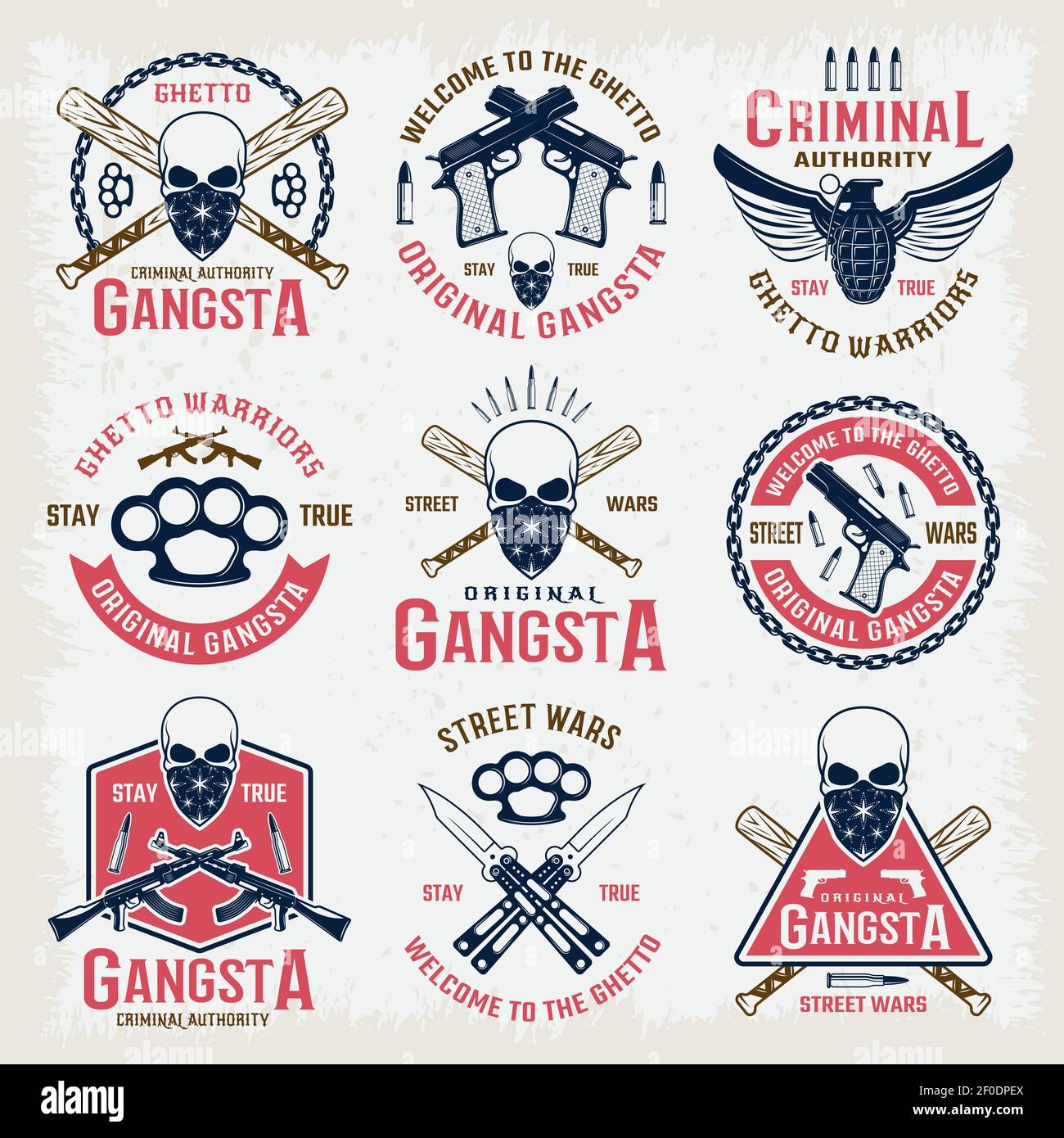 Gangster colored emblems with bandit mascot crossed bats edged weapon ...
