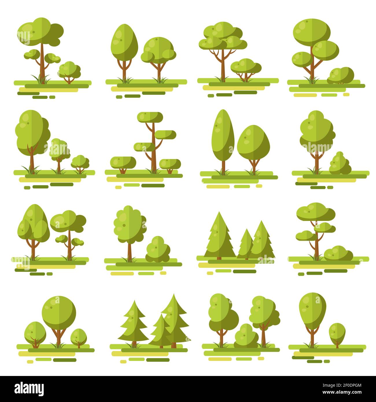Forest flat elements set with coniferous and deciduous trees and bushes ...