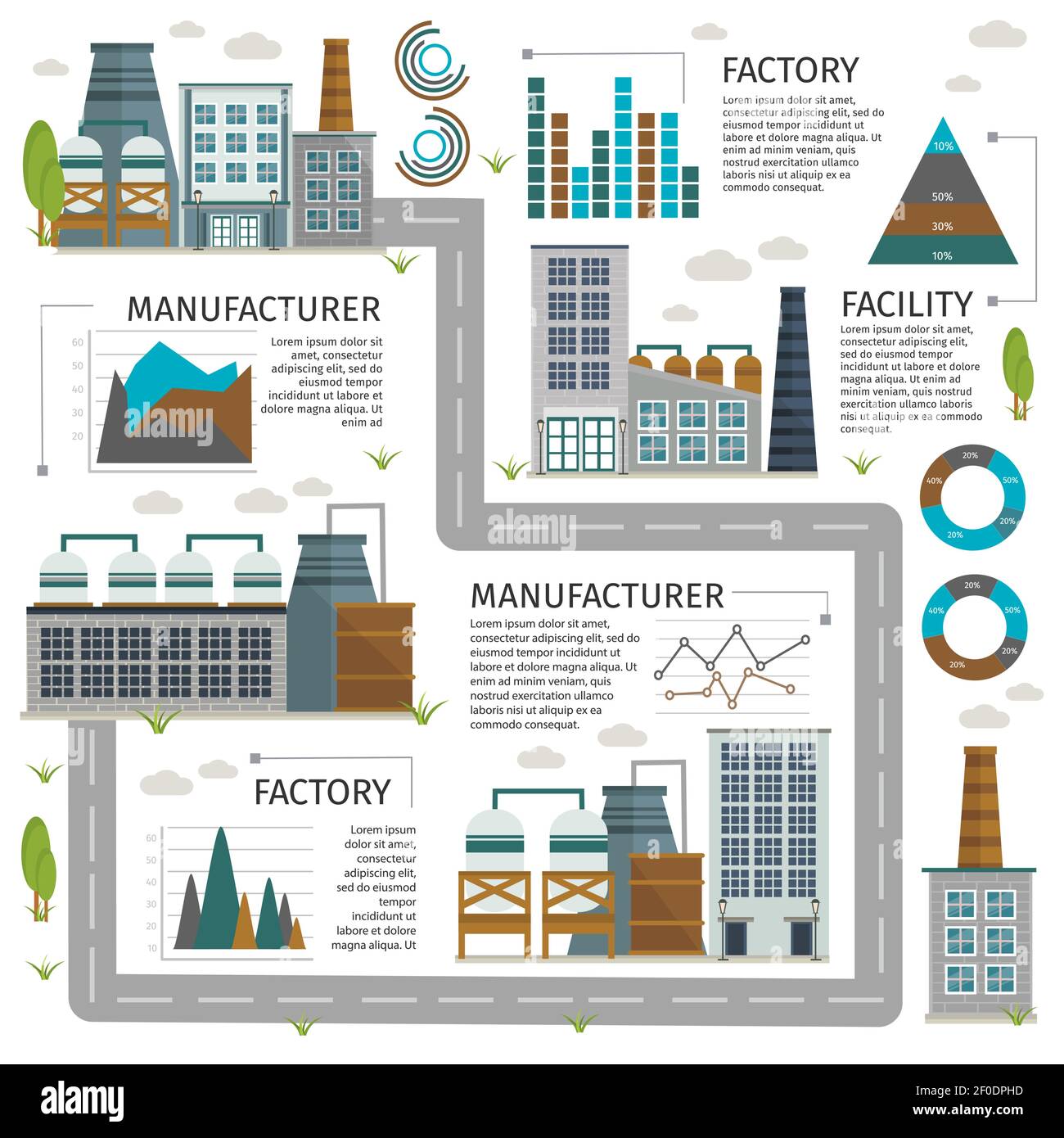 Industrial buildings infographics with factory and road chimney and ...