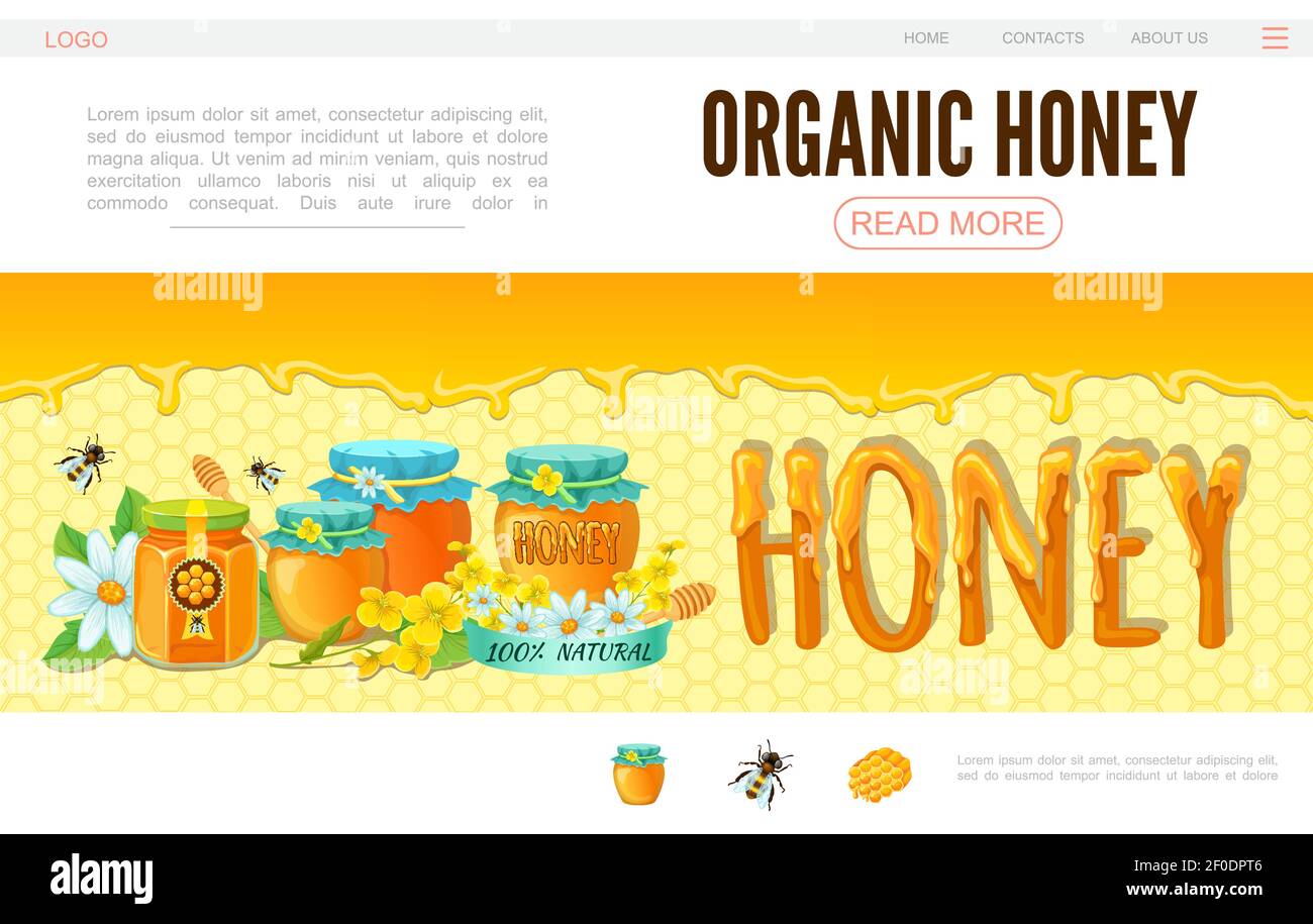 Cartoon beekeeping web page template with bees flowers pots of organic ...