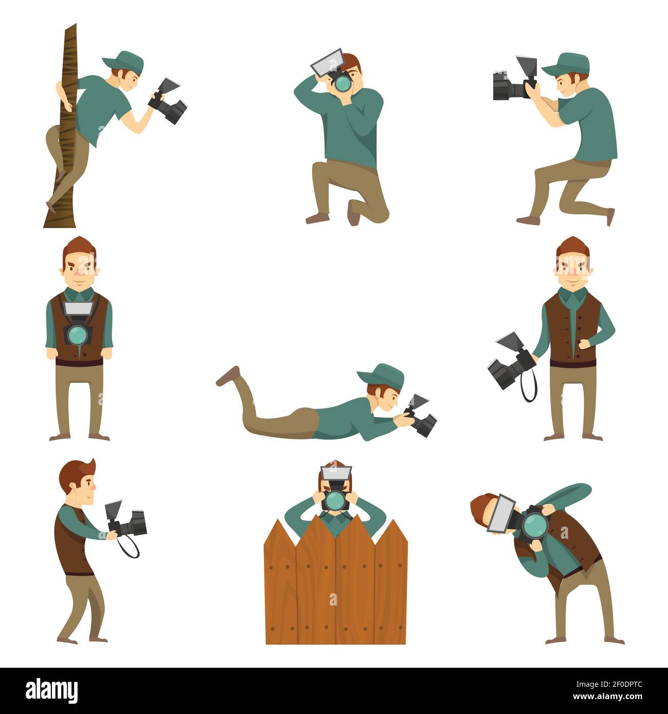 Flat isolated cartoon icons set of creative photographer male character ...