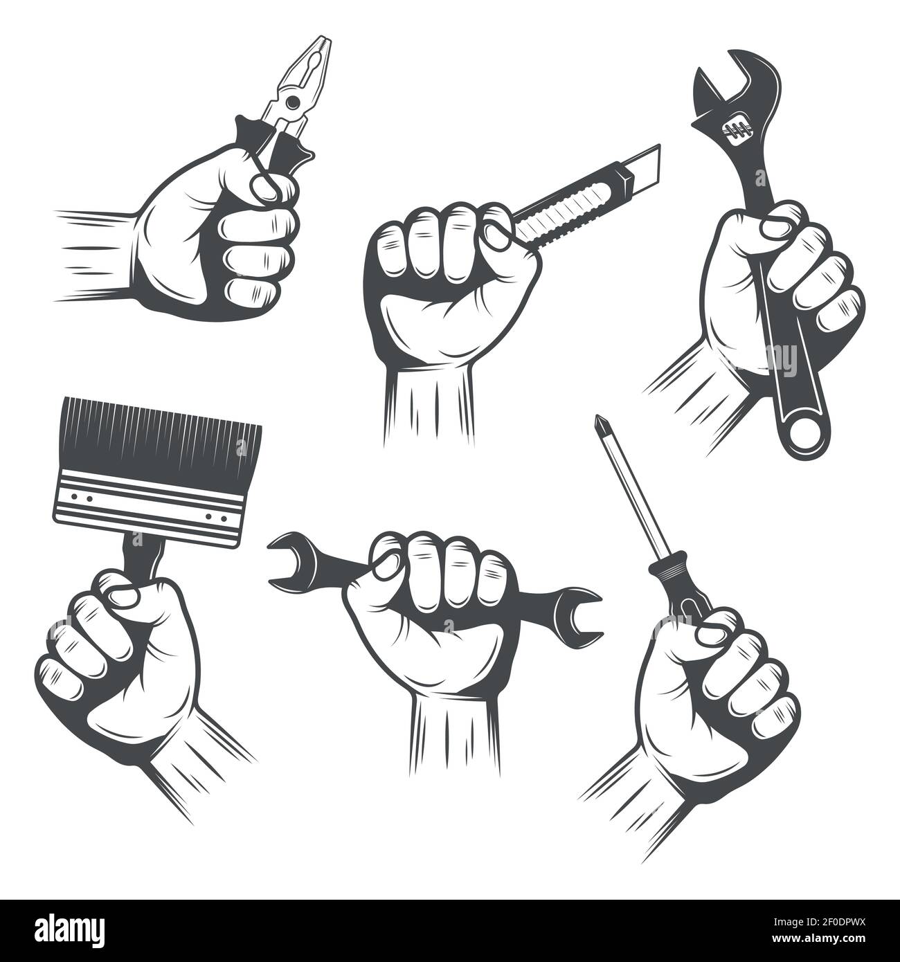 Work tools in male hands monochrome set with brush pliers cutter and ...