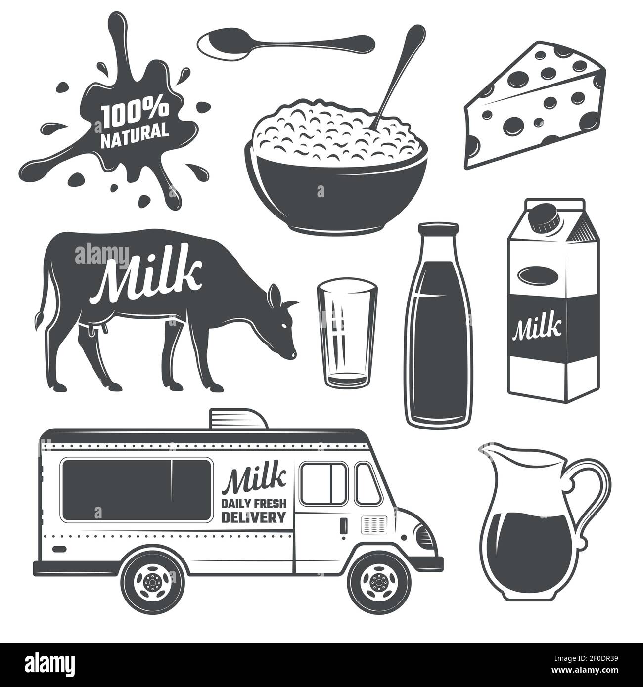 Milk monochrome elements set with cow and dairy products packaging and ...