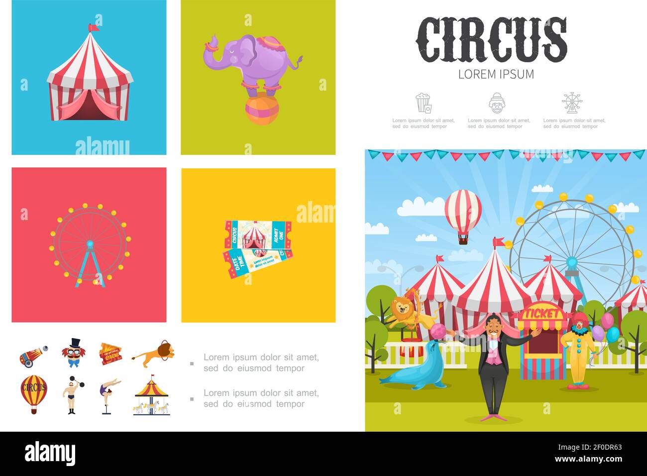 Flat circus infographic concept with magician acrobat clown strongman ...