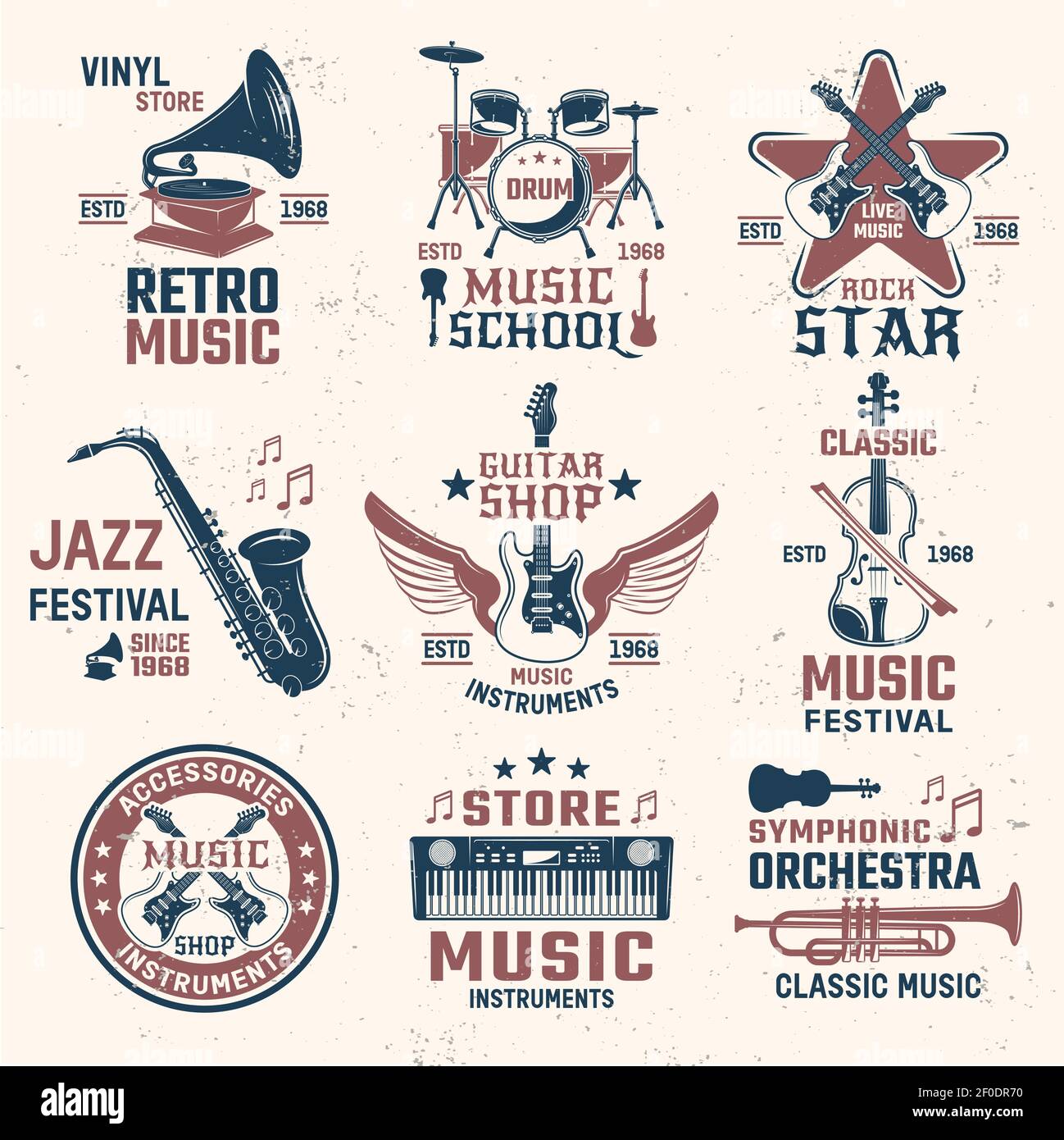 Music retro style emblems with modern and classic instruments on light ...