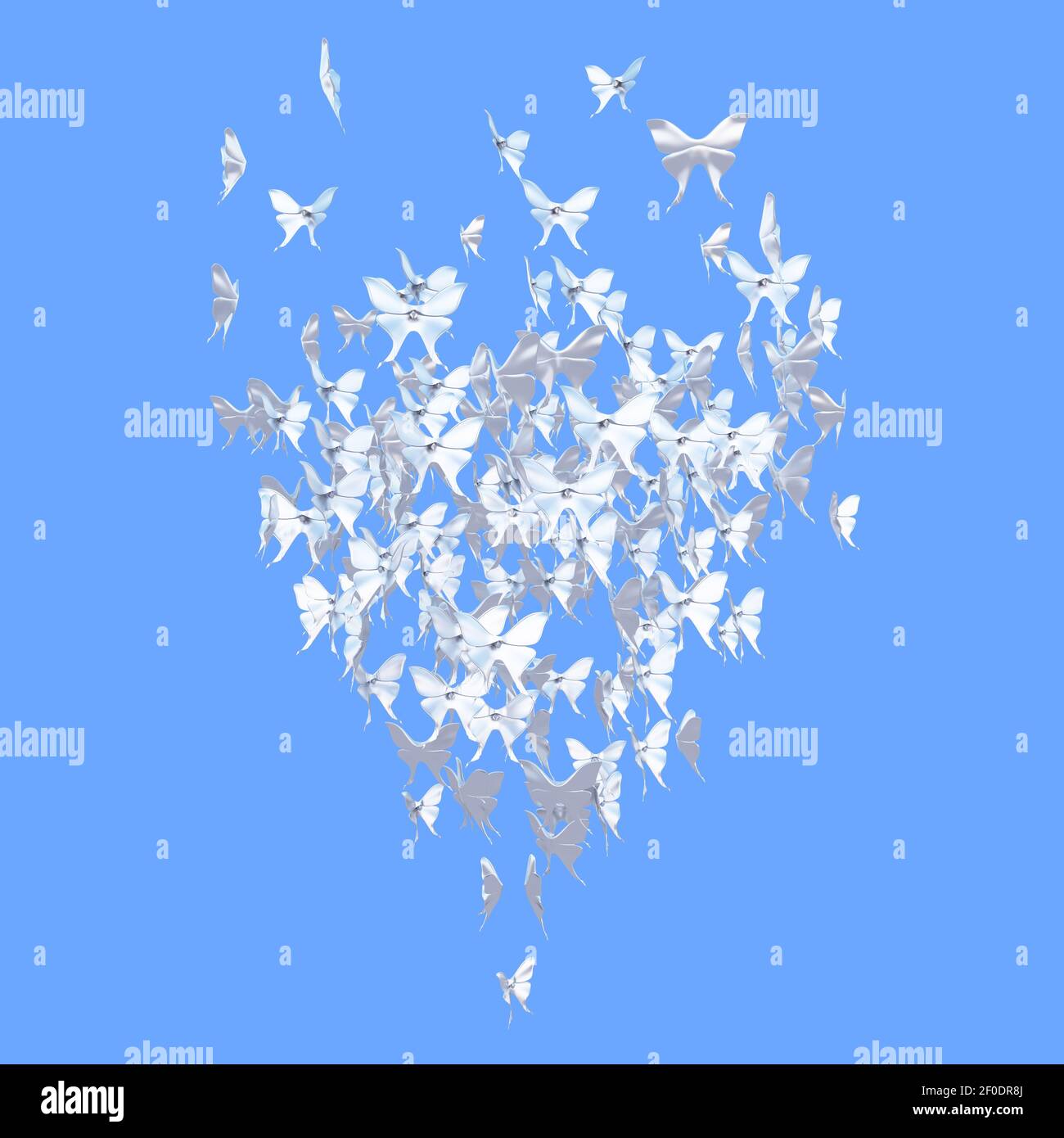 many figures of silver butterflies on blue background. 3d rendering ...