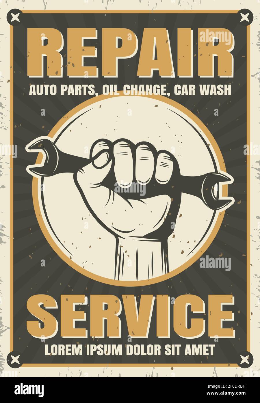 Repair service retro style poster with spanner in hand on white circle ...