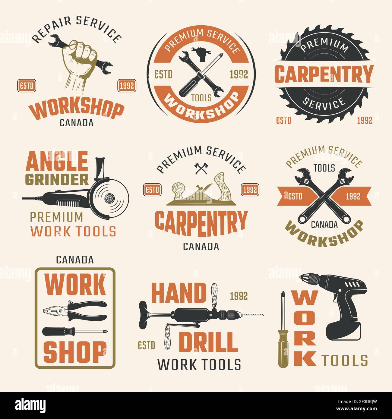 Work tools retro style emblems with typographic letterings carpentry ...