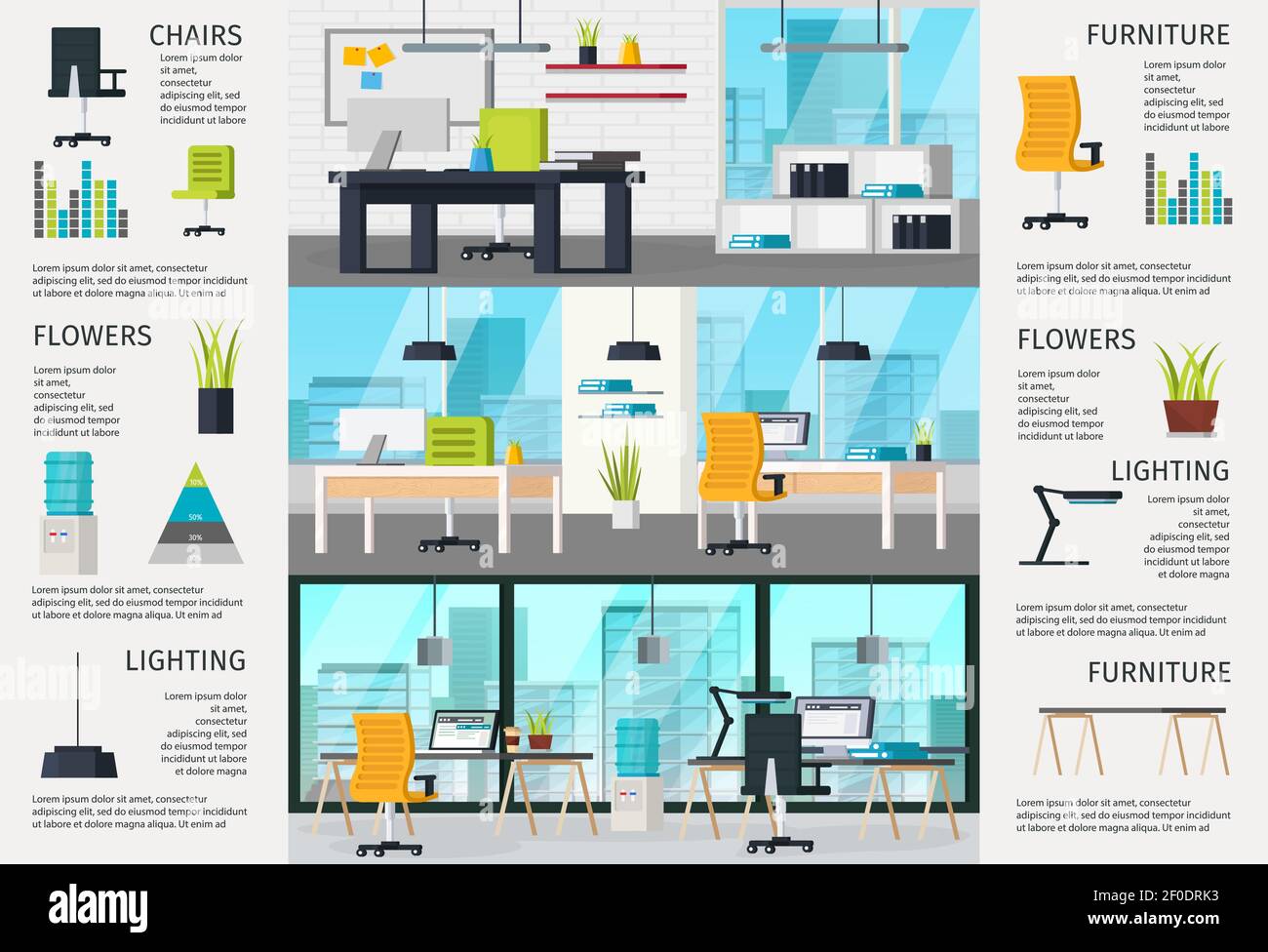 Workplace interior poster with different variants of office ...