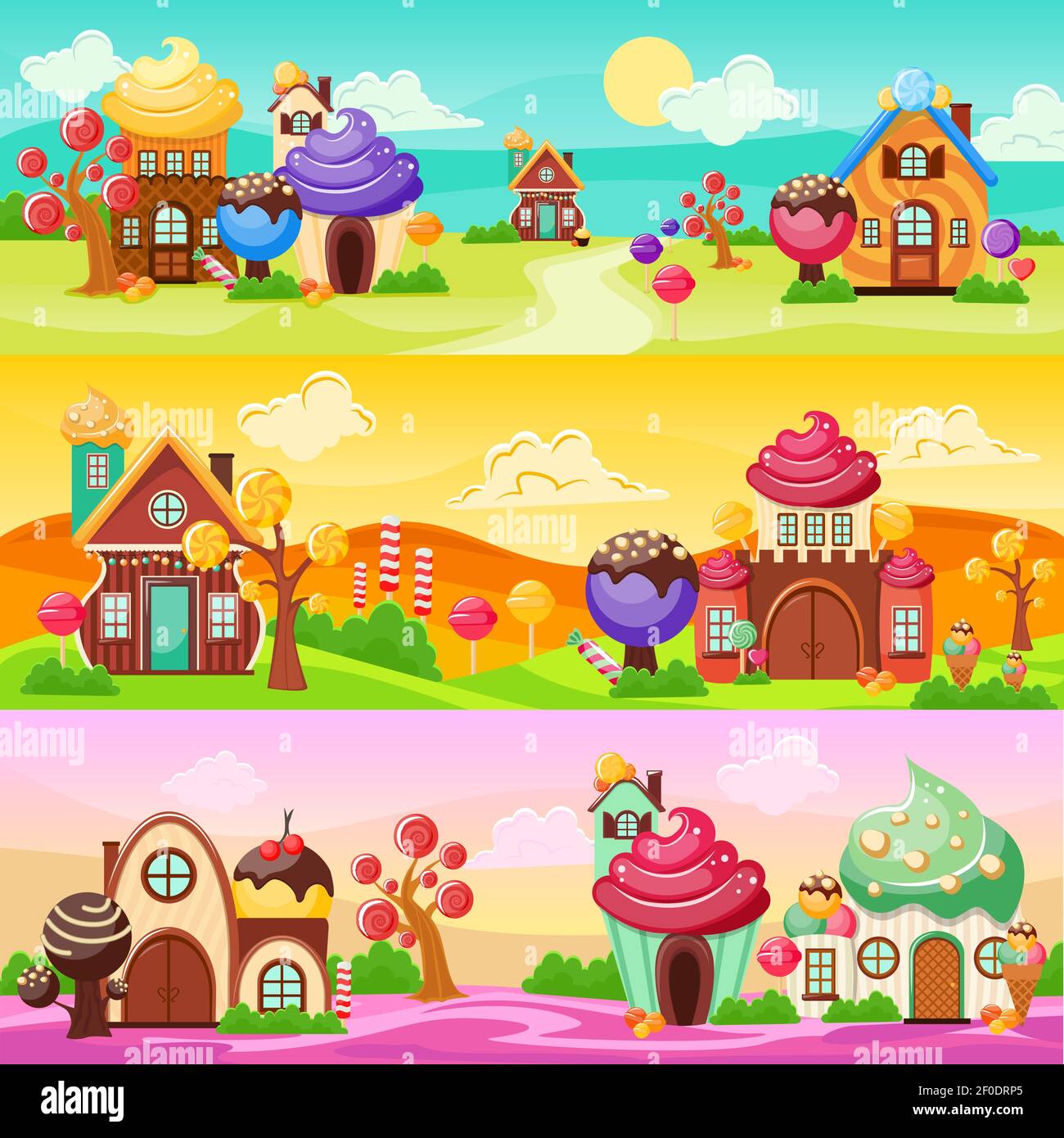 Colorful horizontal banners set with cartoon world landscapes and ...