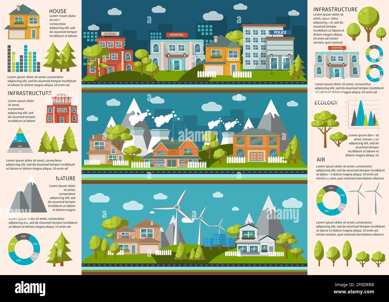 City life infographics with social infrastructure industrial buildings ...