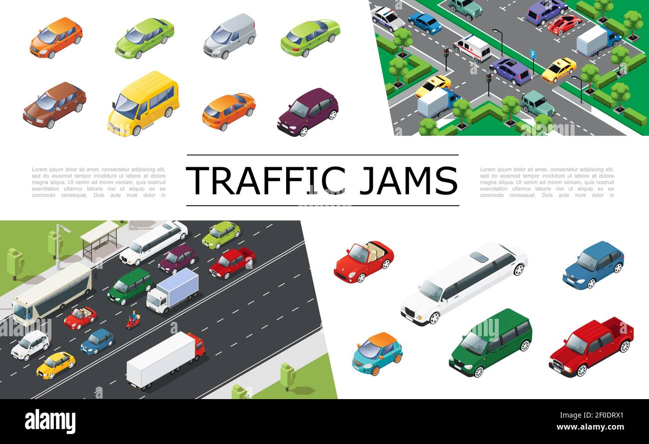 Isometric traffic jam concept with urban transport moving on road ...