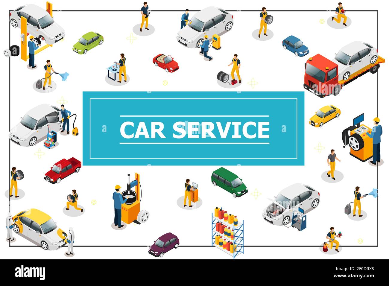 Isometric car and tire service concept with professional workers in ...