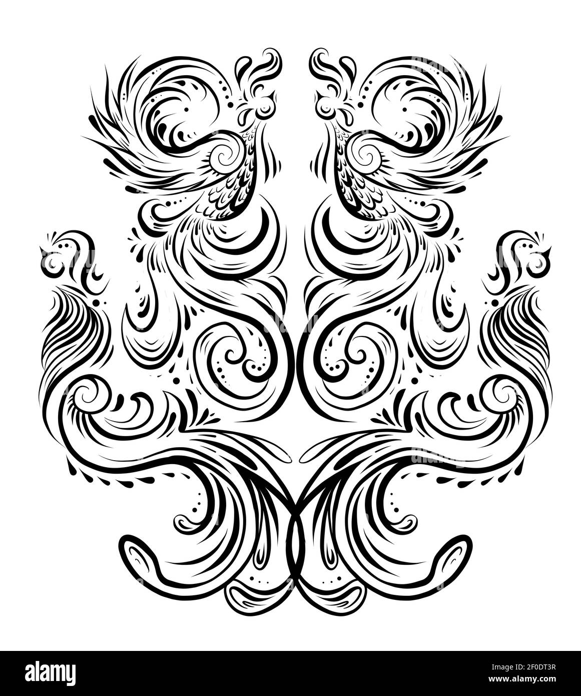 Outline bird pattern with curled tails and wings. Symmetrical ...