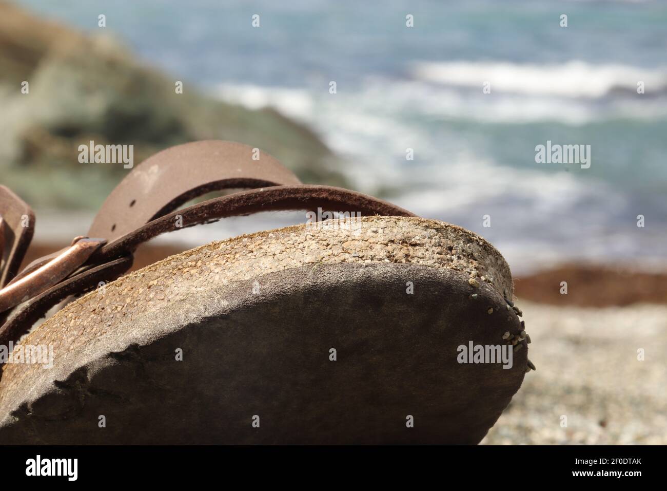 Sandal sitting on the sand of a beach close to the waterline and wave ...