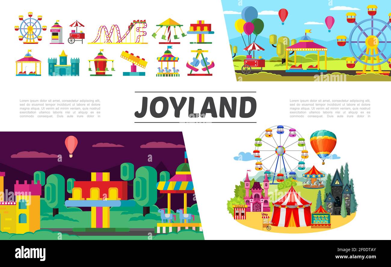 Flat amusement park elements set with ferris wheel children electric ...