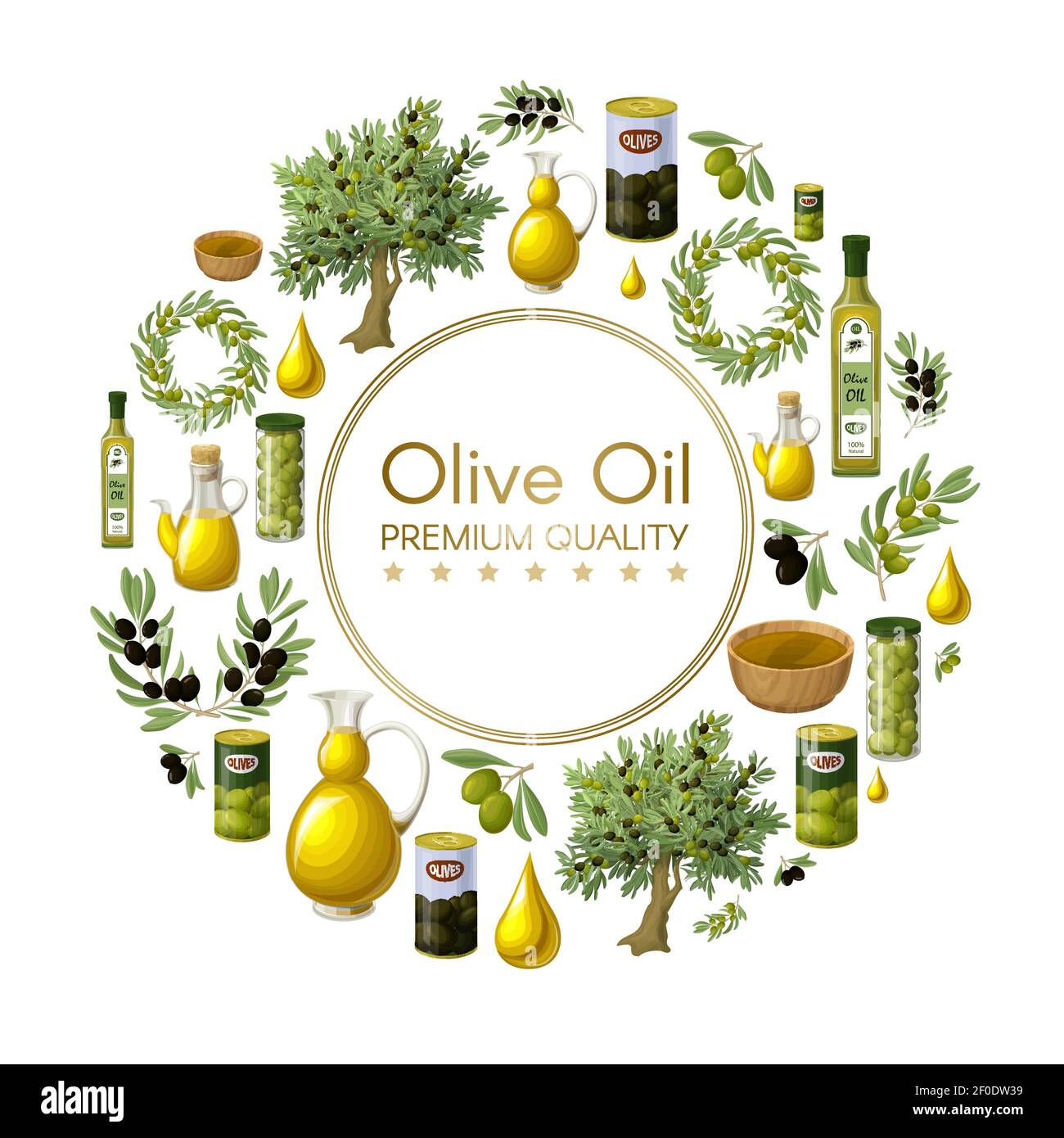 Cartoon natural olive oil round concept with olive trees wreathes ...