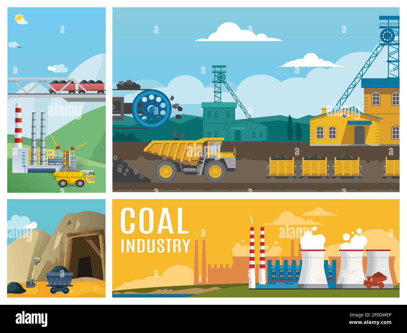Flat coal industry colorful composition with dump trucks industrial ...