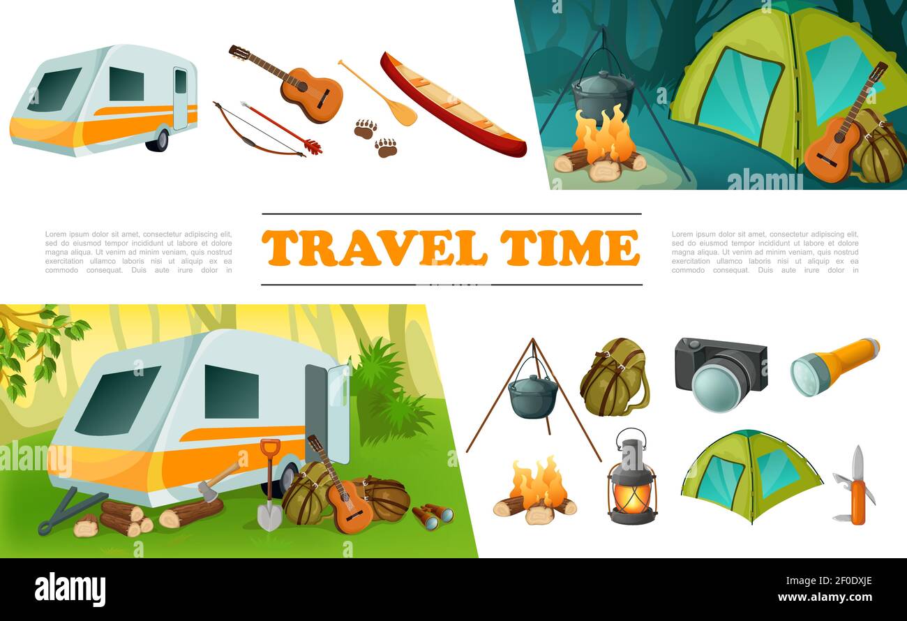 Cartoon travel camping elements set with camper trailer guitar bow ...