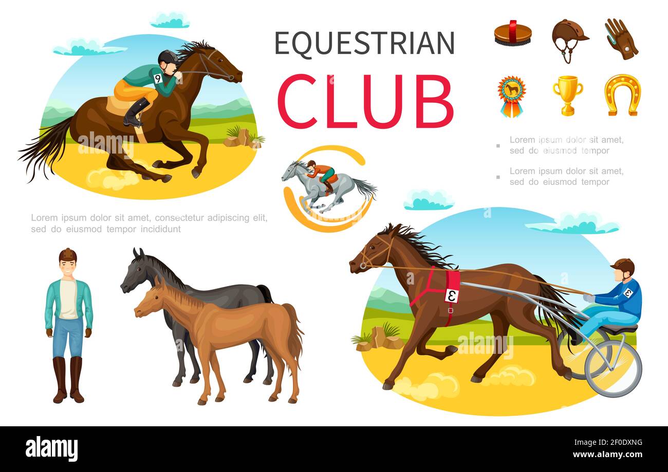 Cartoon equestrian sport elements set with jockey riding horse brush ...