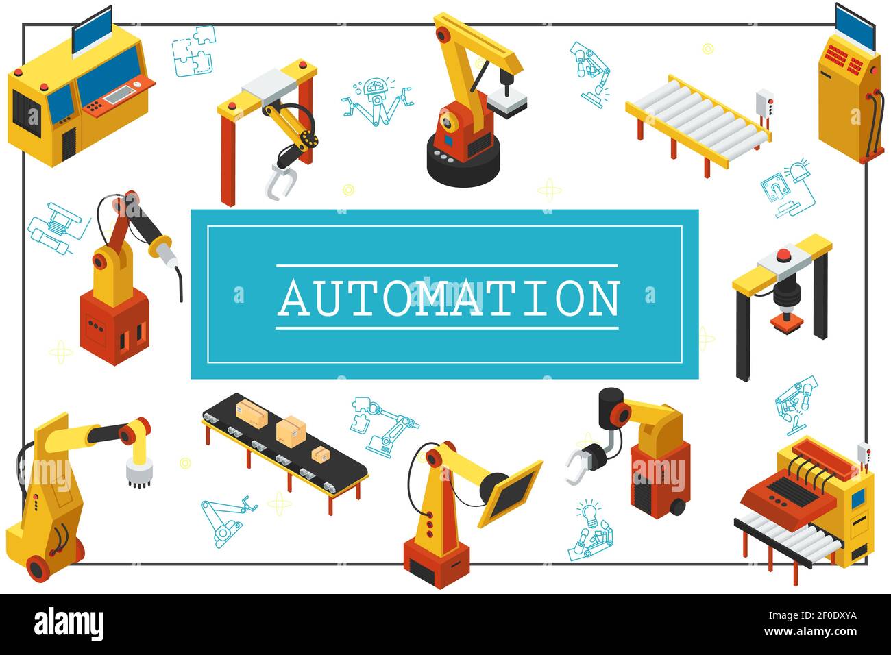 Isometric automated industrial machines concept with mechanical robotic ...