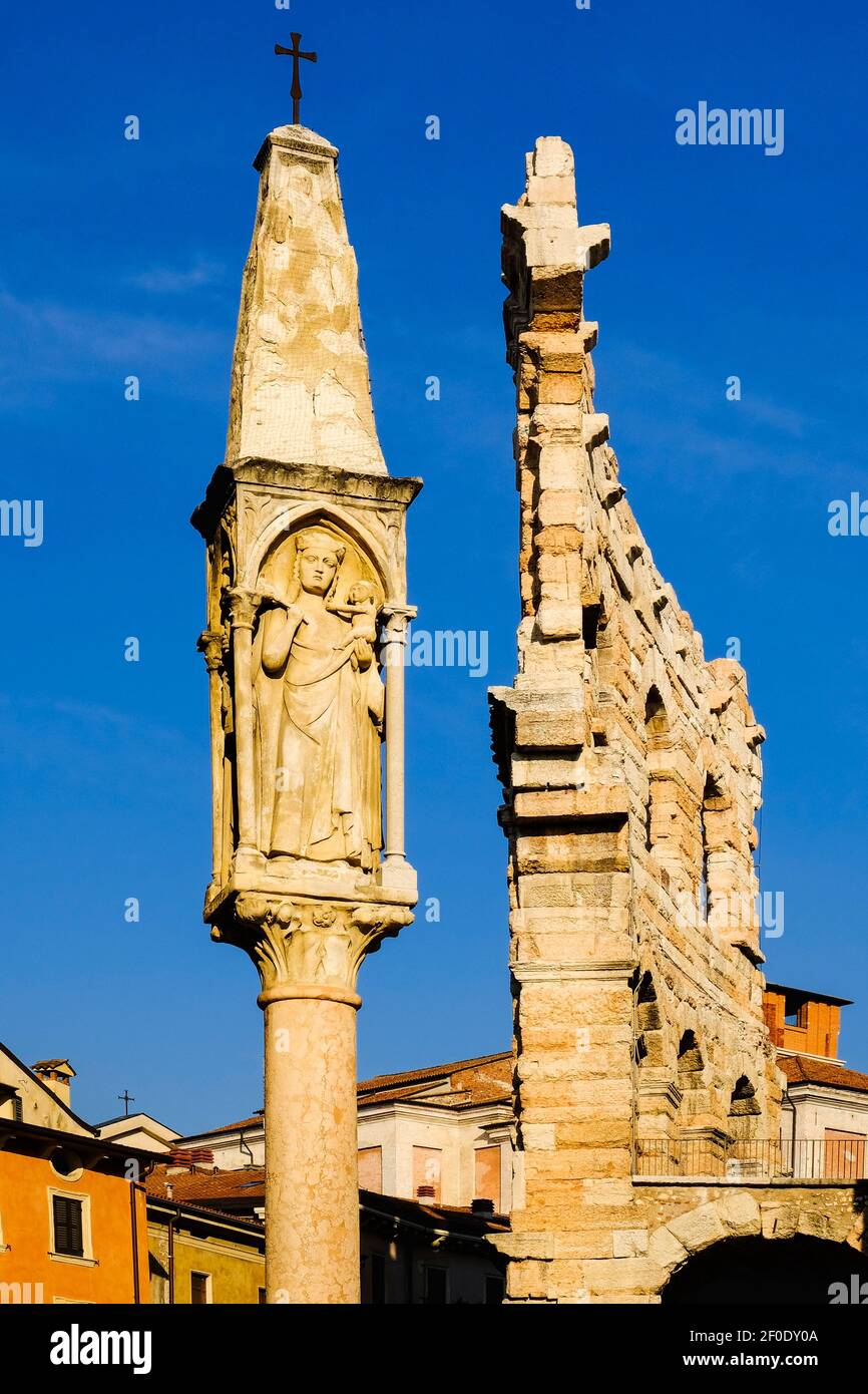 Verona, Italy: Medieval Column with the Virgin and ruins of the outer ...
